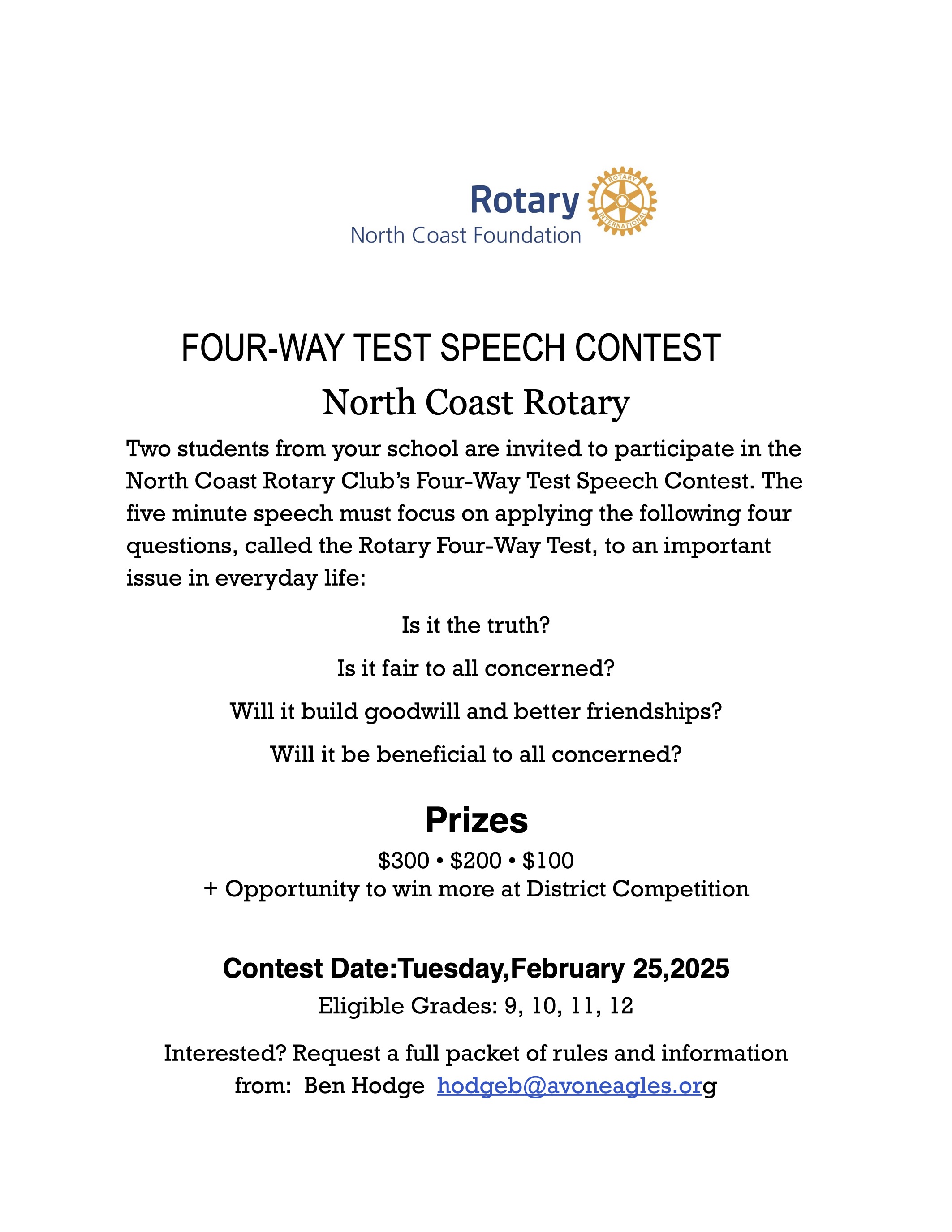 Annual Four-Way Test Speech Contest for High School Students | North ...